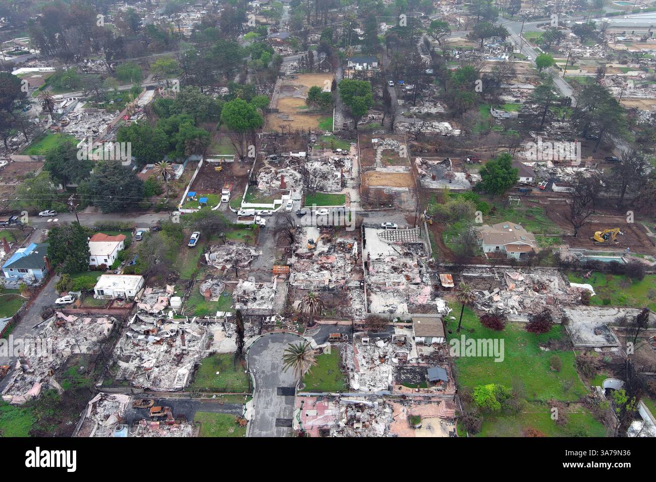 An aerial view of homes burned during the Eaton Canyon fire, Wednesday ...