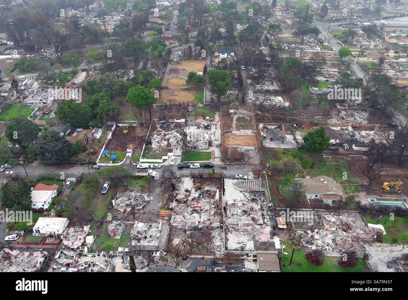 An aerial view of homes burned during the Eaton Canyon fire, Wednesday ...
