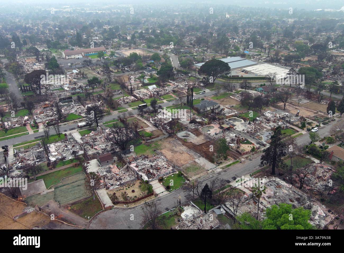 An aerial view of homes burned during the Eaton Canyon fire, Wednesday ...