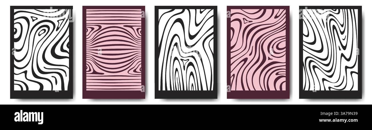 Psychedelic wave pattern backgrounds set - optical illusion designs with warped curved lines ...