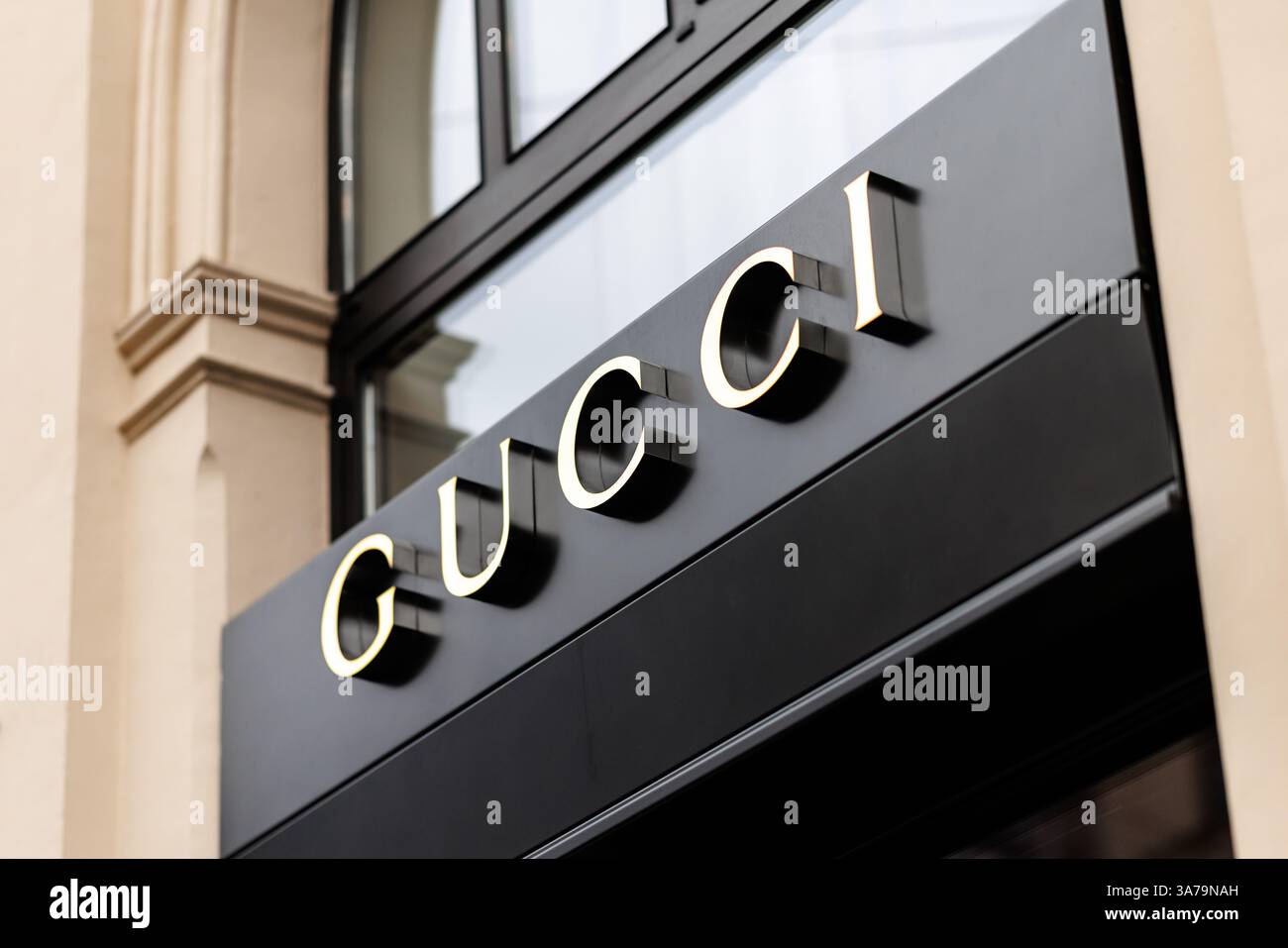 25 March 2025, Bavaria, Munich: The logo and lettering of the Gucci ...