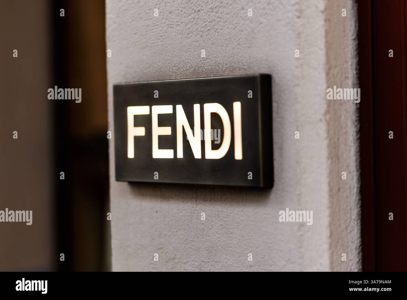 25 March 2025, Bavaria, Munich: The logo and lettering of the Fendi ...