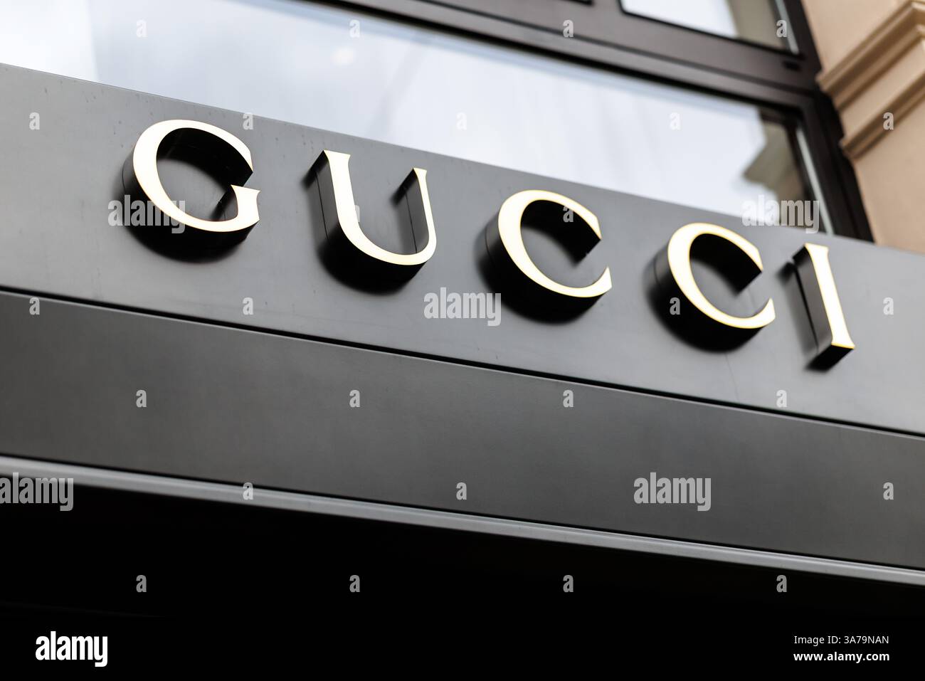 25 March 2025, Bavaria, Munich: The logo and lettering of the Gucci ...