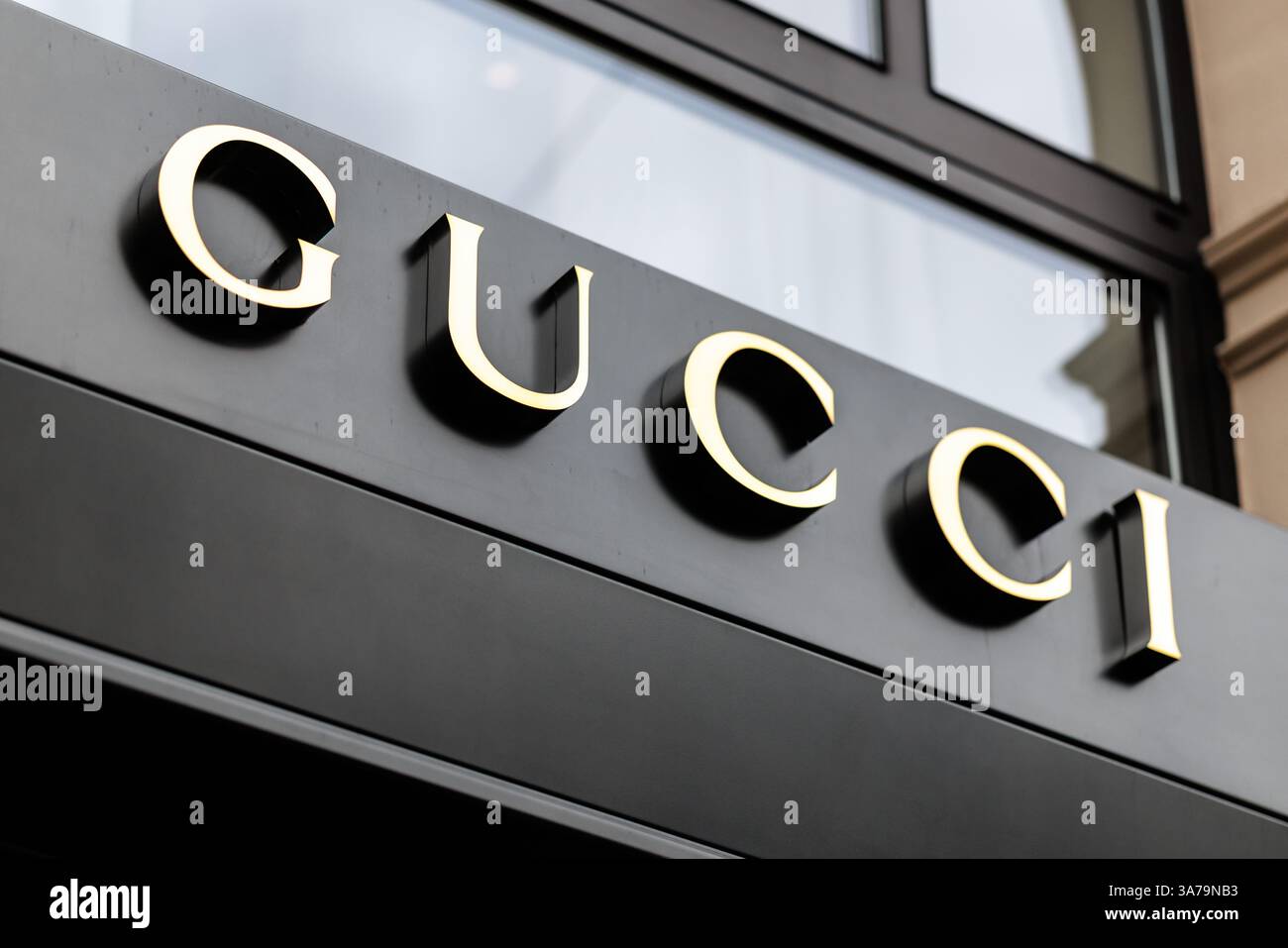 25 March 2025, Bavaria, Munich: The logo and lettering of the Gucci ...