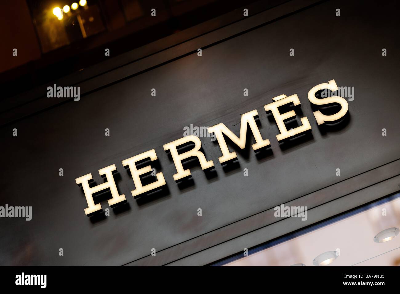25 March 2025, Bavaria, Munich: The Hermes brand logo and lettering can ...