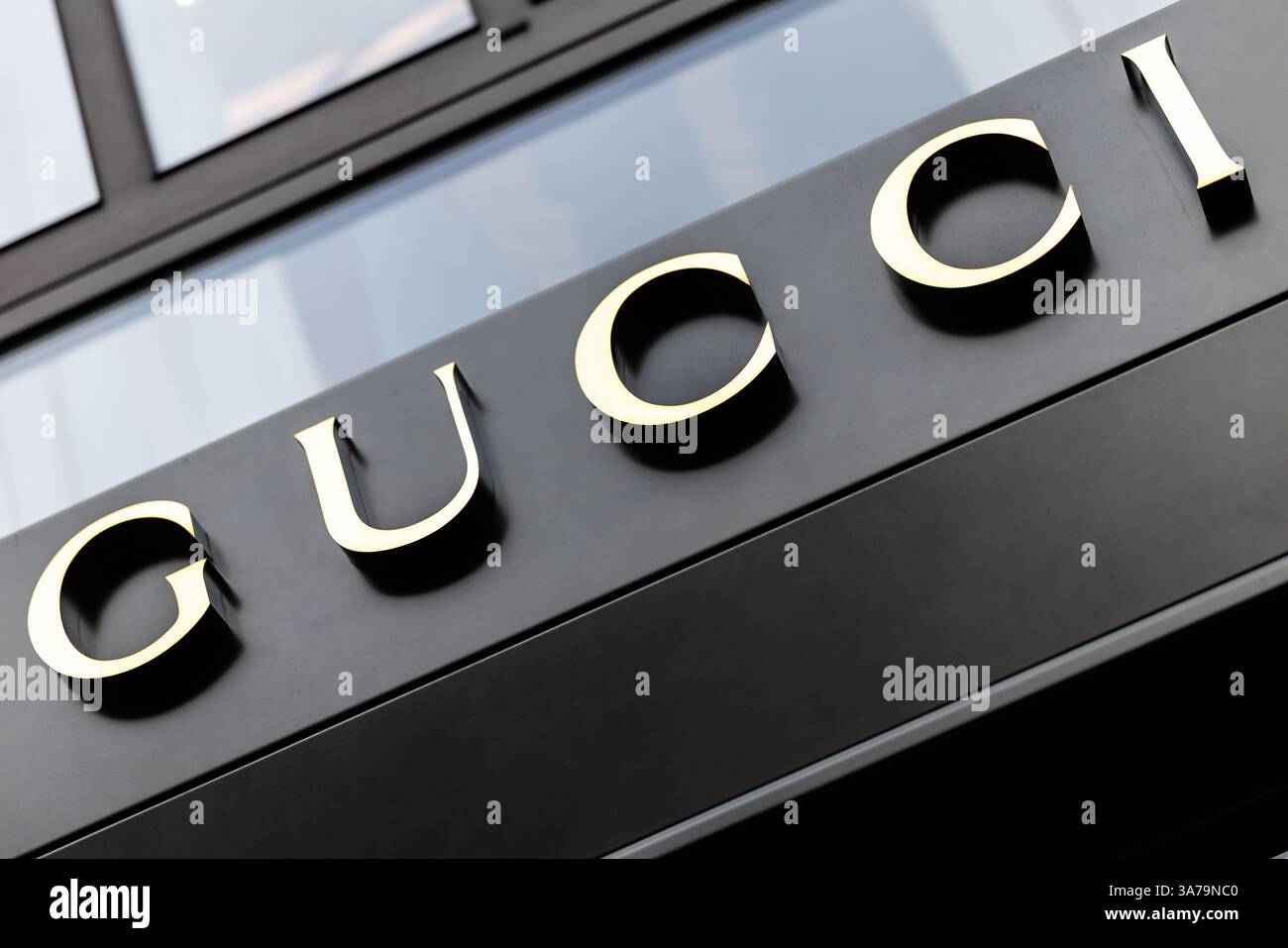 25 March 2025, Bavaria, Munich: The logo and lettering of the Gucci ...