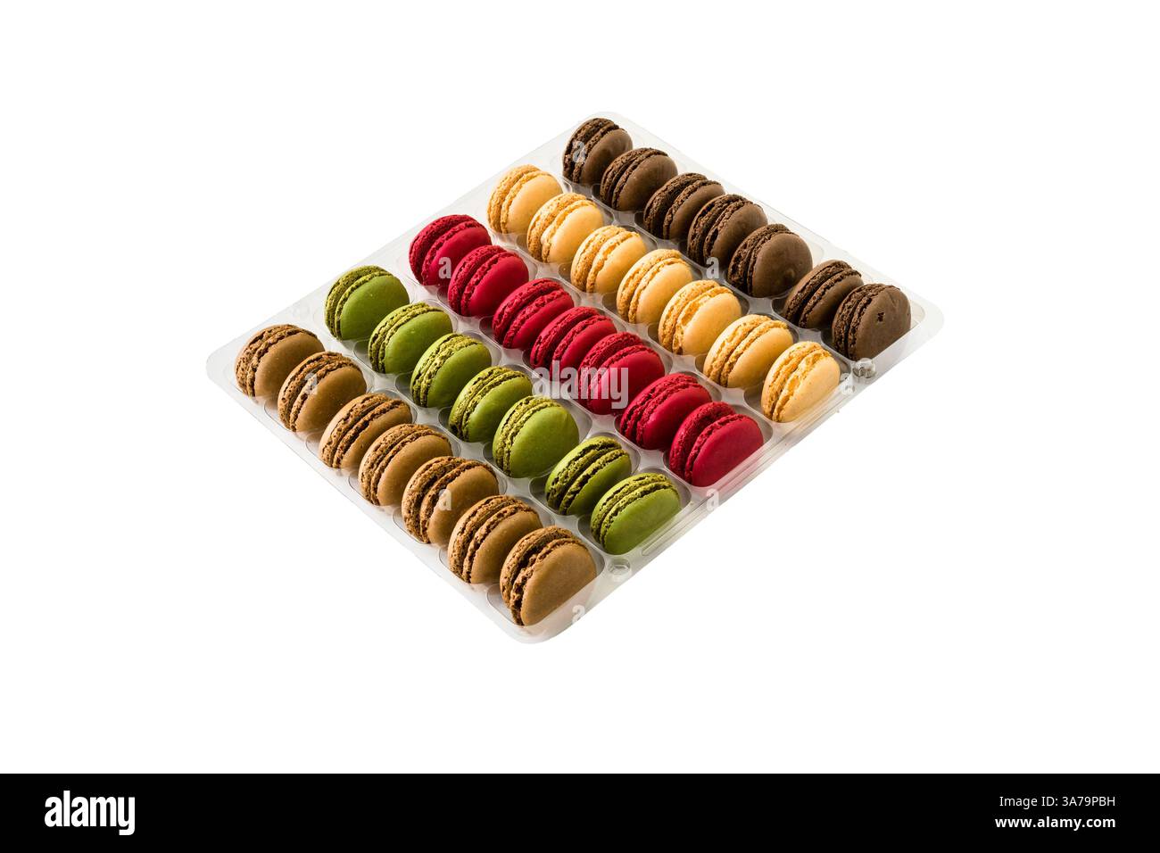 Five colors macaron sweet confection in a factory package tray on white ...