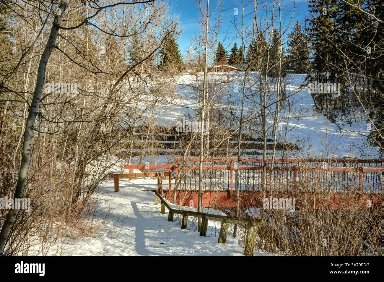 Access path into ravine with red bridge and retained wall Stock Photo ...