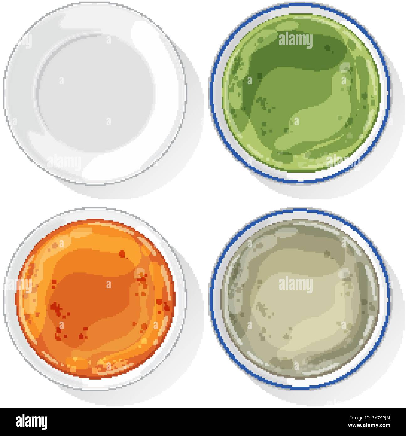 Four vibrant bowls of Asian soups in a top-down vector style. Bright ...