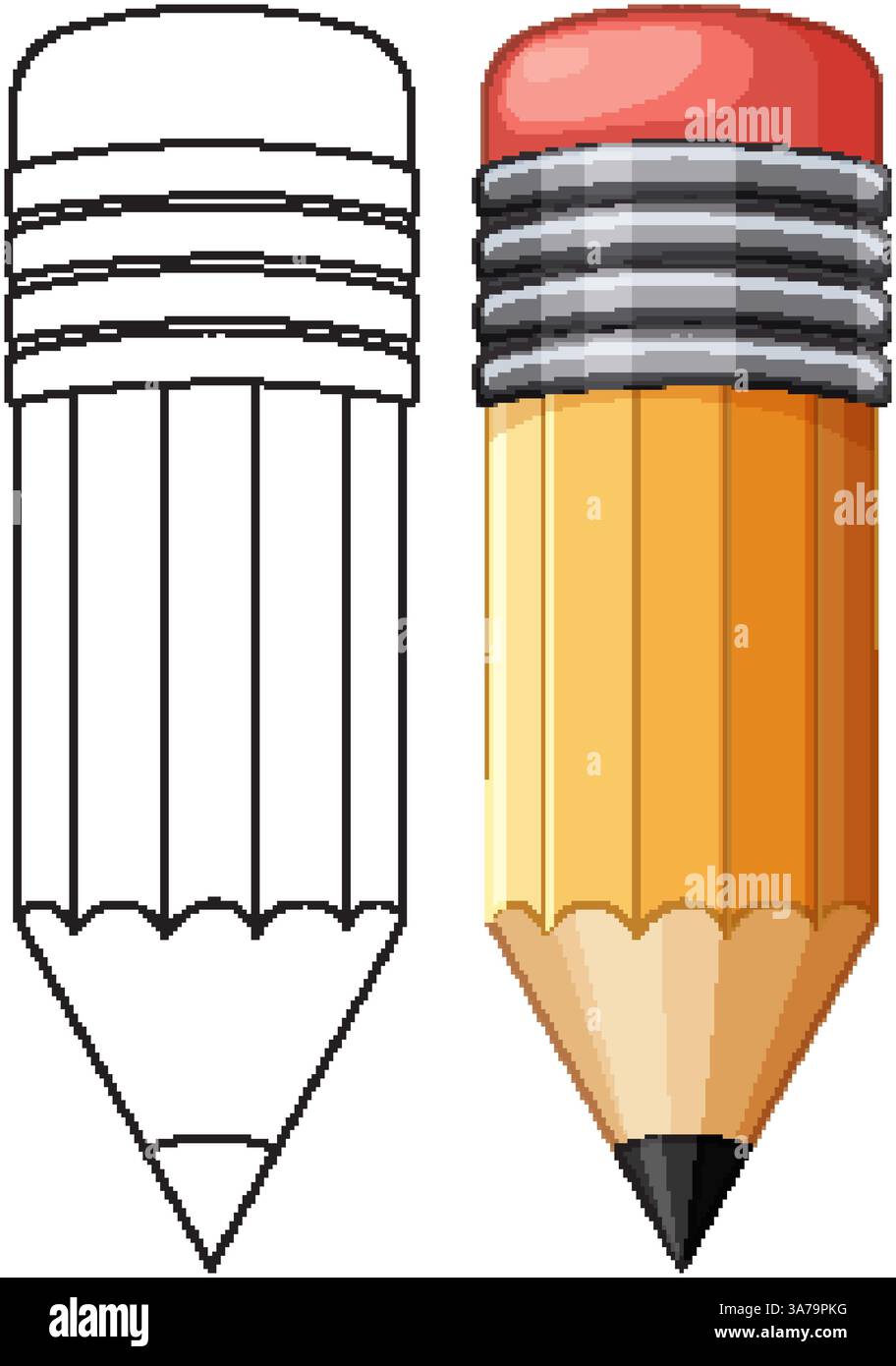 Vector illustration of a pencil in both outline and colored styles ...