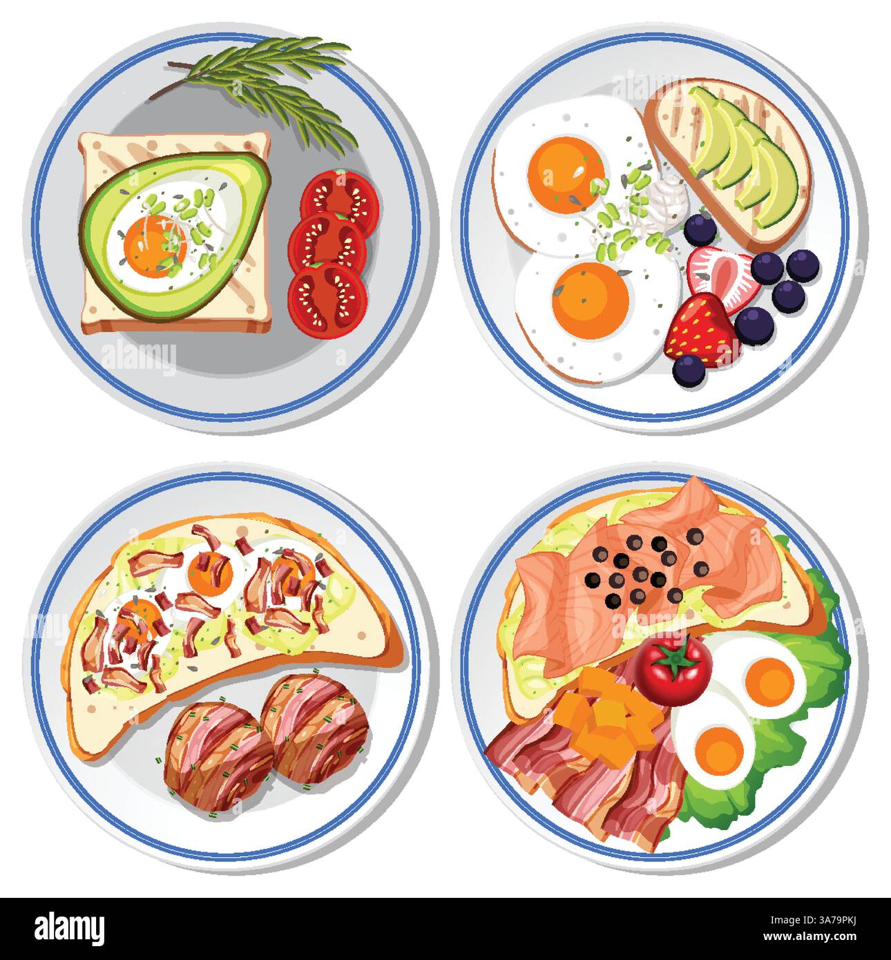 Vector illustration of diverse breakfast plates with vibrant colors ...
