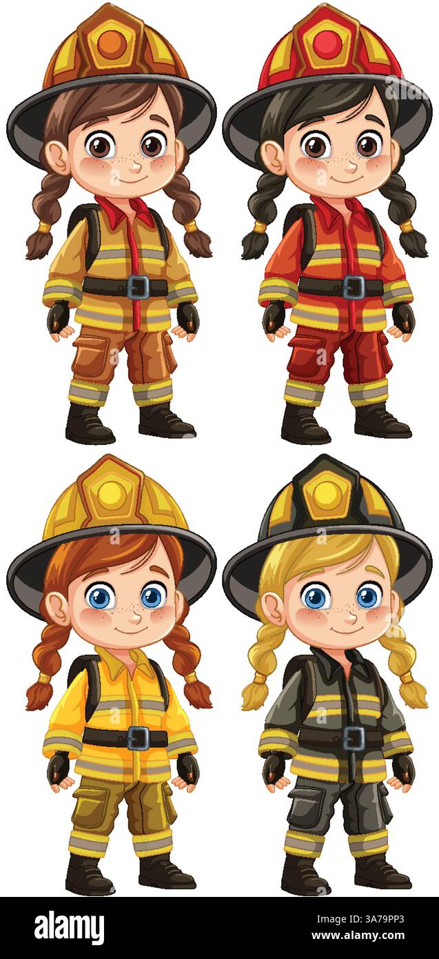 Adorable cartoon firefighters in colorful uniforms Stock Vector Image ...