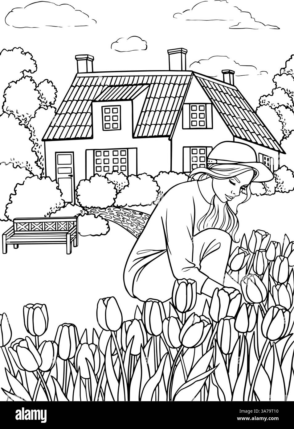 The girl is planting flowers outside the house. Coloring page. Vector ...