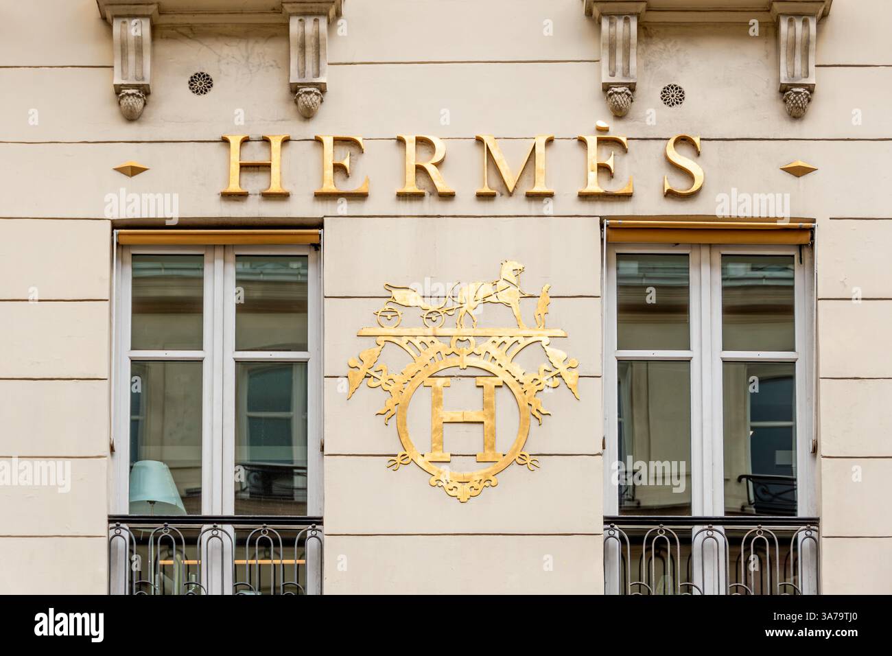 Sign on the Hermès International headquarters. Hermès is a French ...