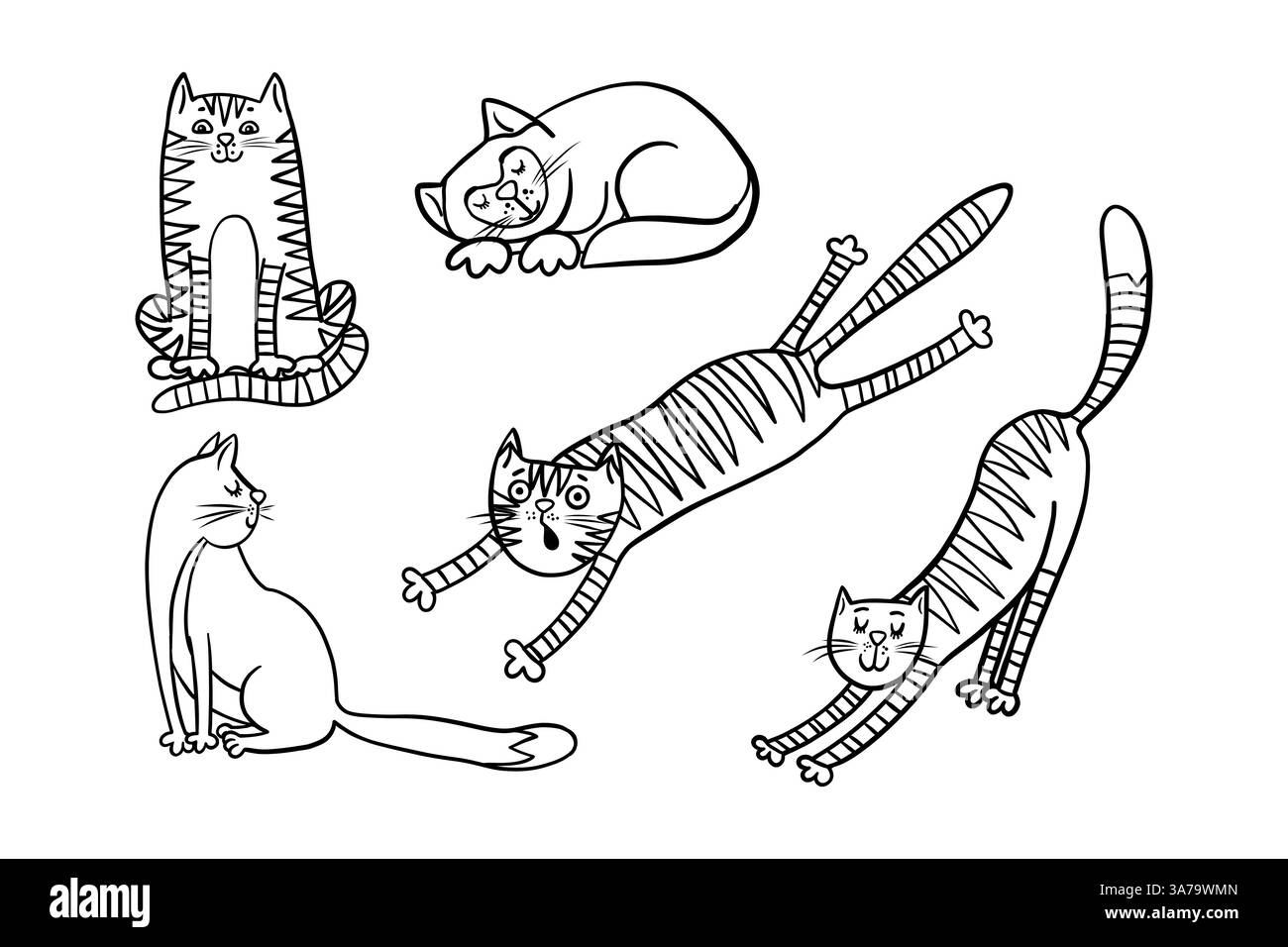 Set of cats for coloring, black and white doodle sketch. Vector ...