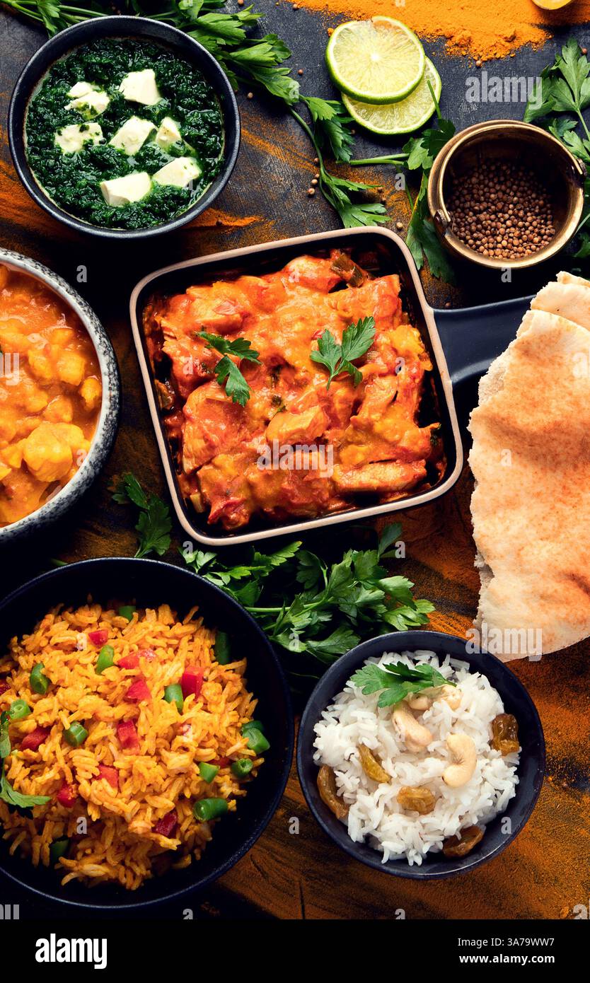 Traditional indian food on a black background. Indian cuisine. Top view ...
