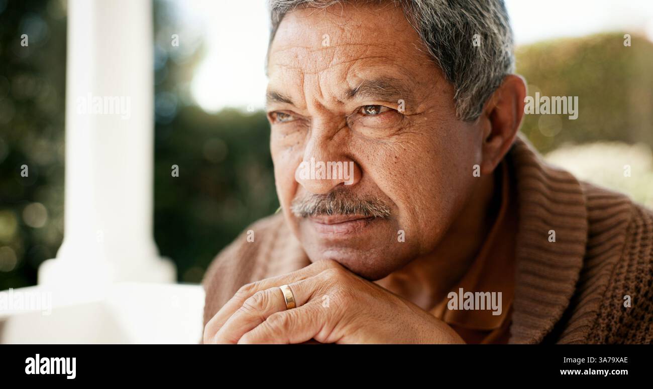 Thinking, grief and elderly man at house of sad memory, nostalgia and ...
