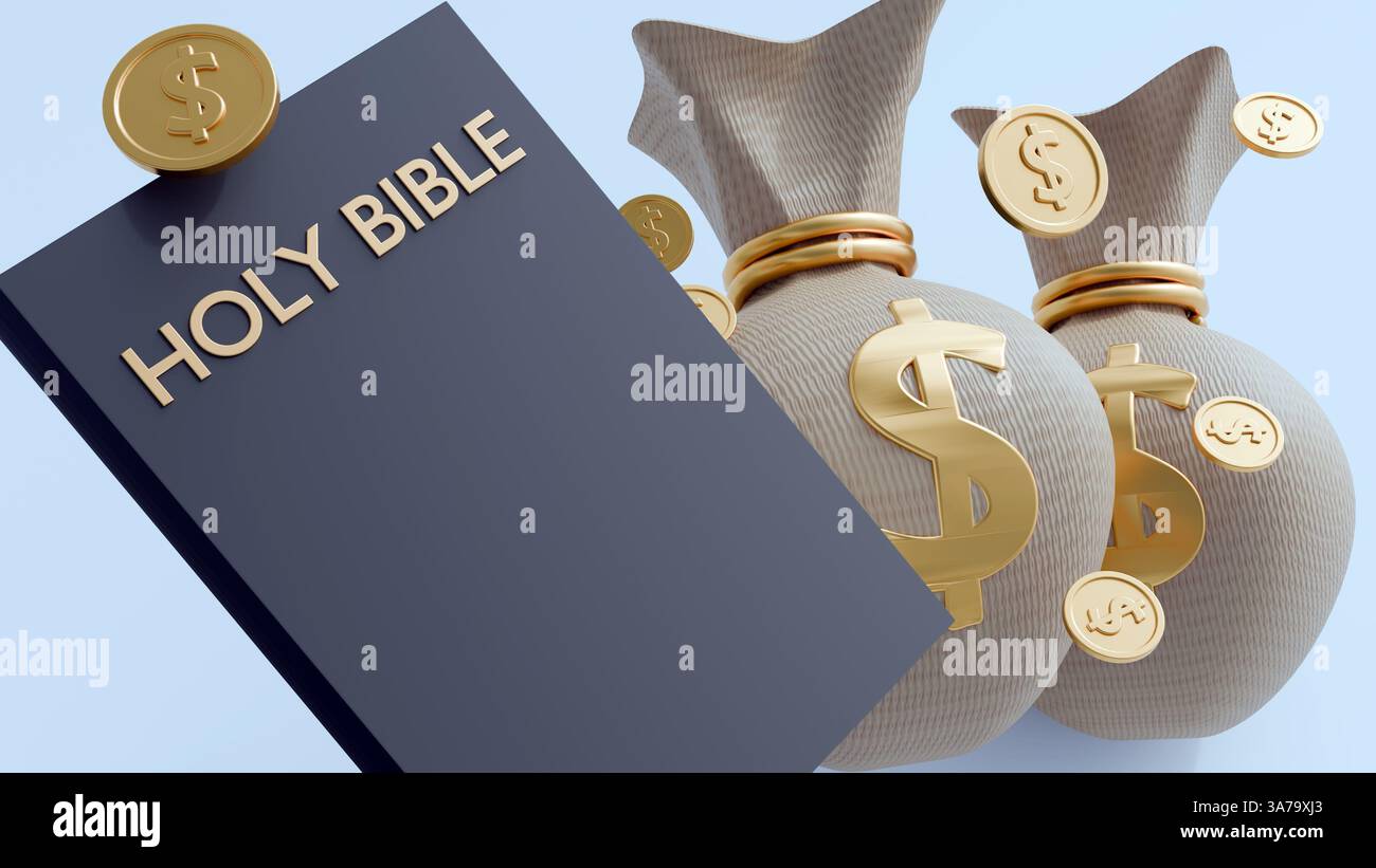 A 3d rendering of A holy bible, beige money bag and several gold coins ...