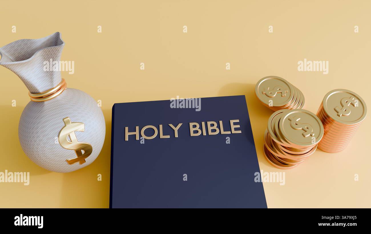A 3d rendering of A holy bible, beige money bag and several gold coins ...