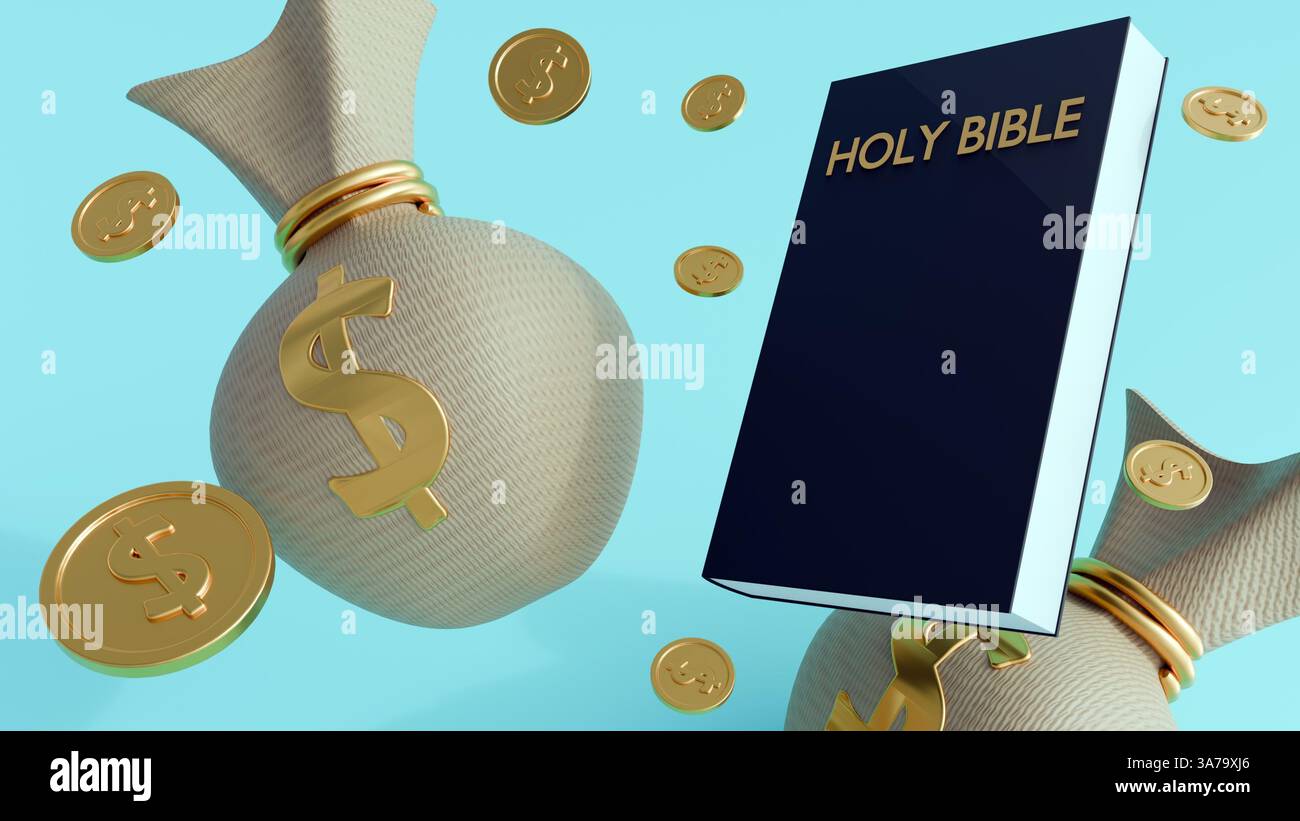 A 3d rendering of A holy bible, beige money bag and several gold coins ...