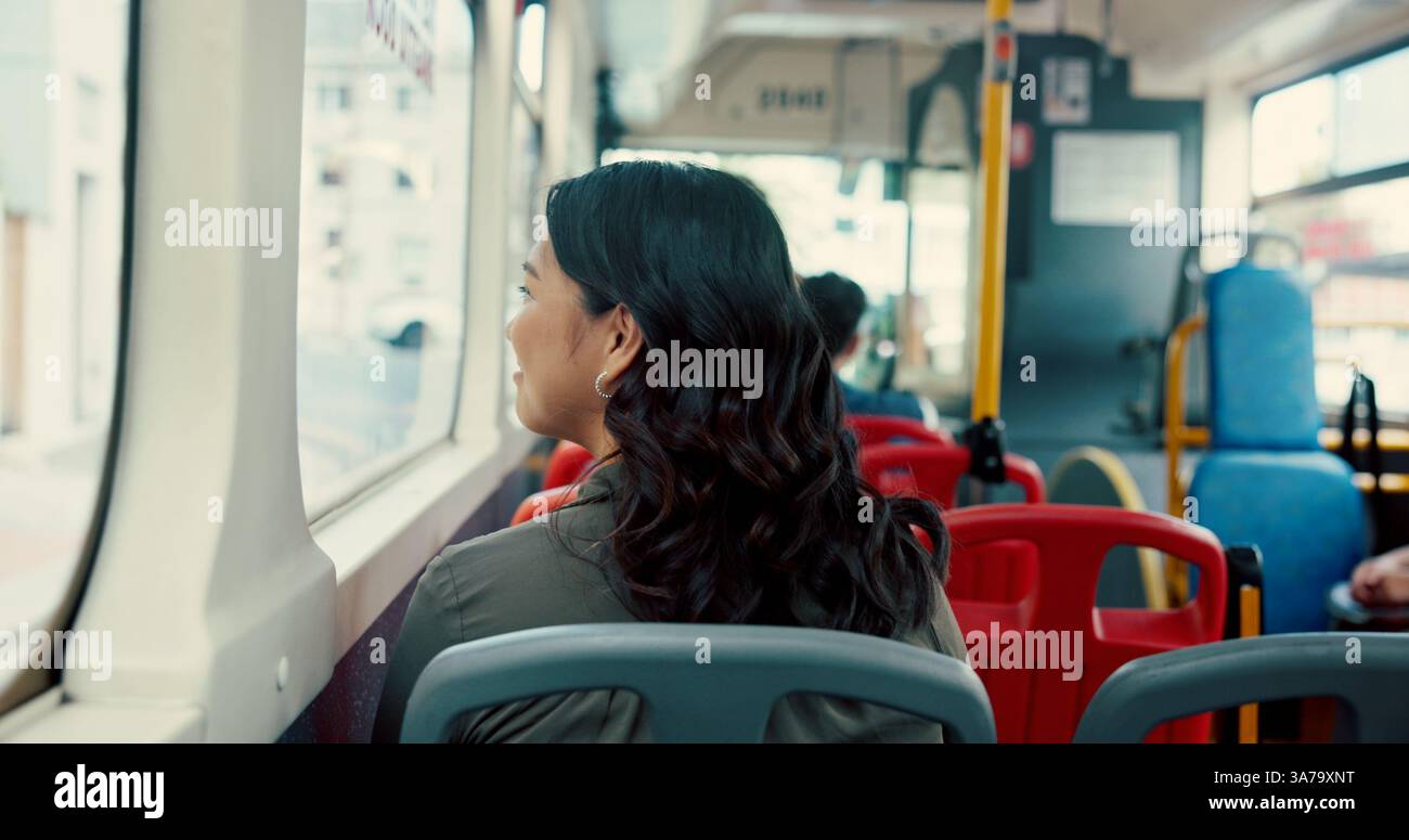 Window, thinking and back with woman on bus for reflection, journey and ...