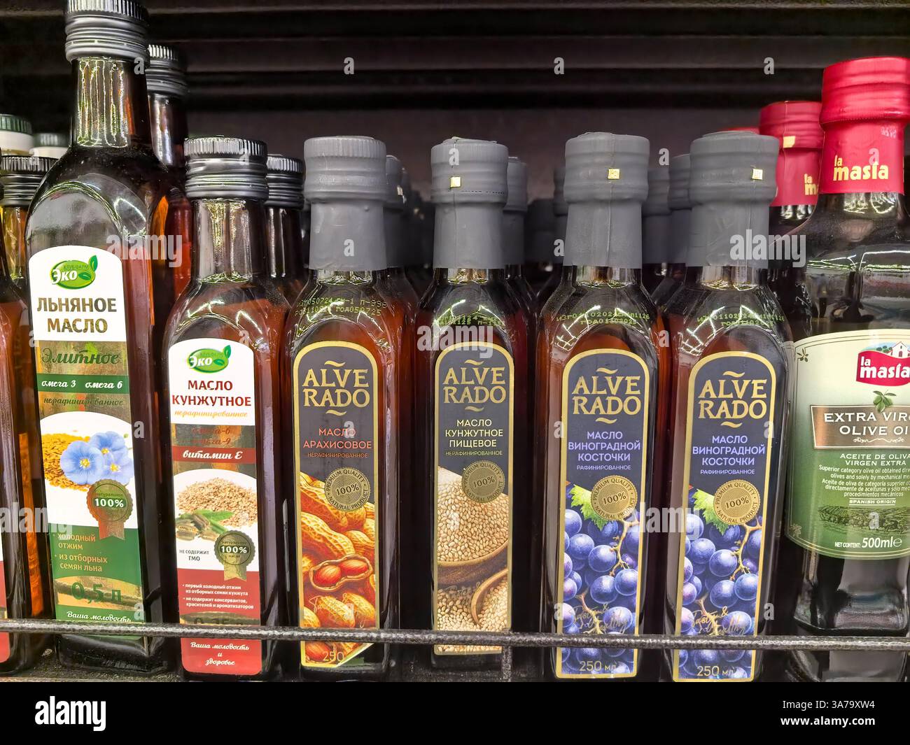 Bobruisk, Belarus - March 9, 2025: A colorful selection of cooking oils ...