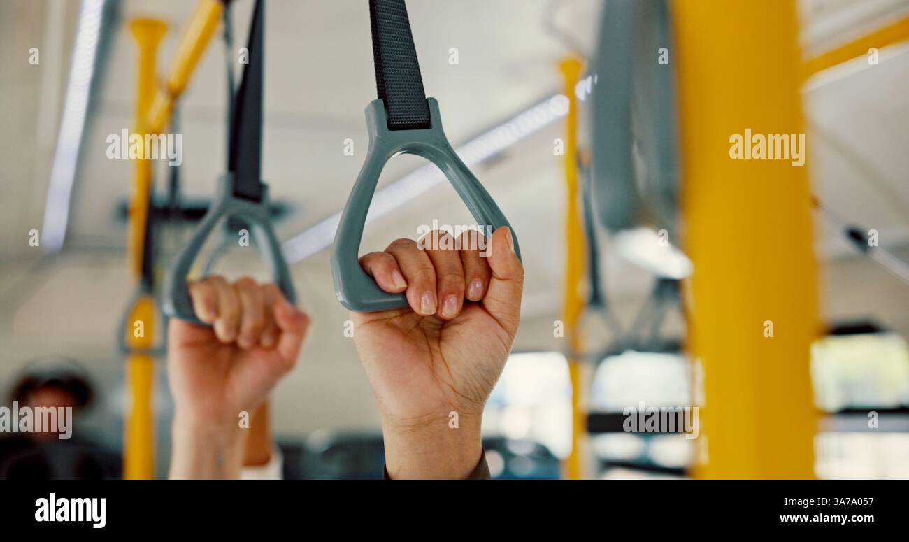 Hand, bus and travel with people, handle and public transportation with ...