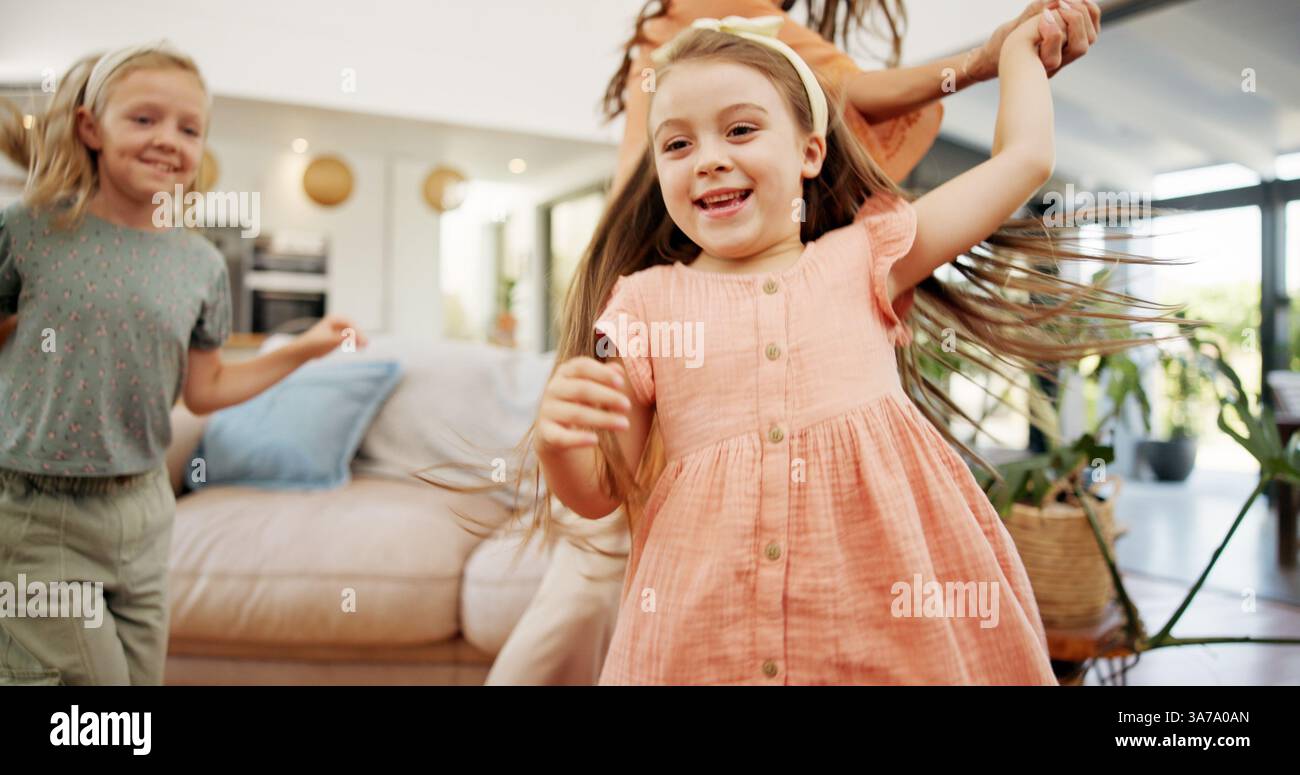Dancing, happy and mother with child in home for bonding, connection ...