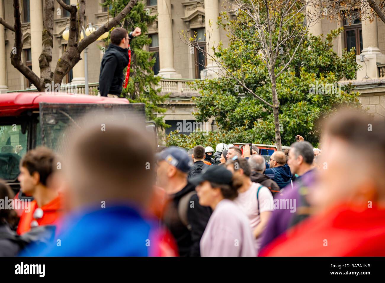 Riot police with full equipment stand guard in cordon, helmet, mask ...