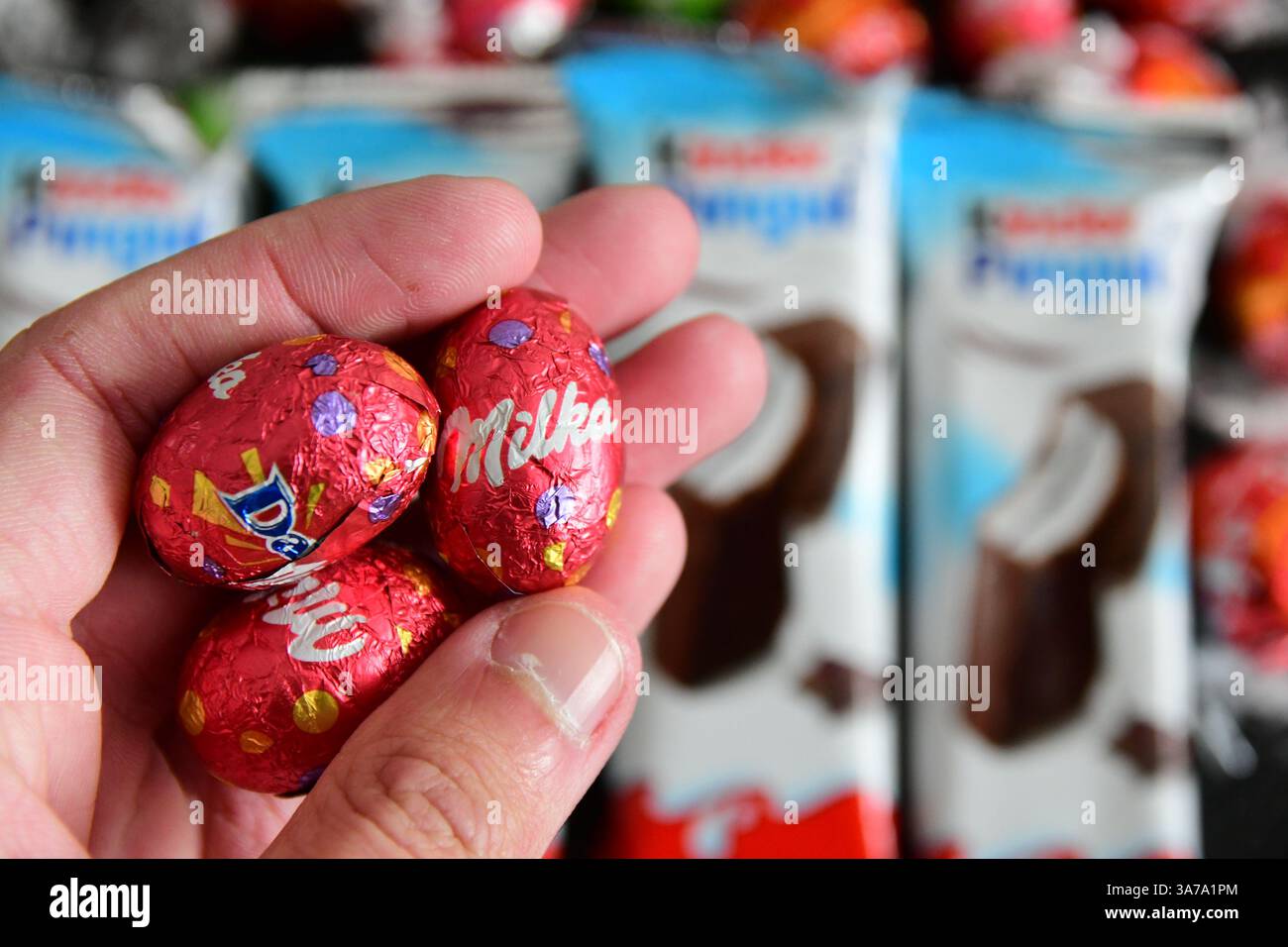 In this photo illustration, Milka Chocolate and Kinder Pingui are seen ...