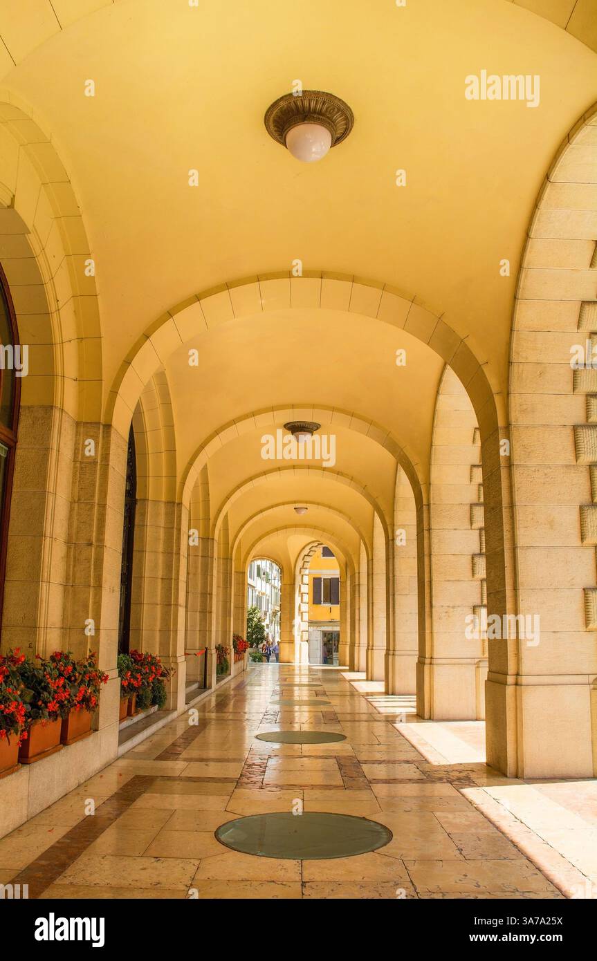 Arcade with barrel vaulting in Udine, Friuli, Italy. Part of the town ...