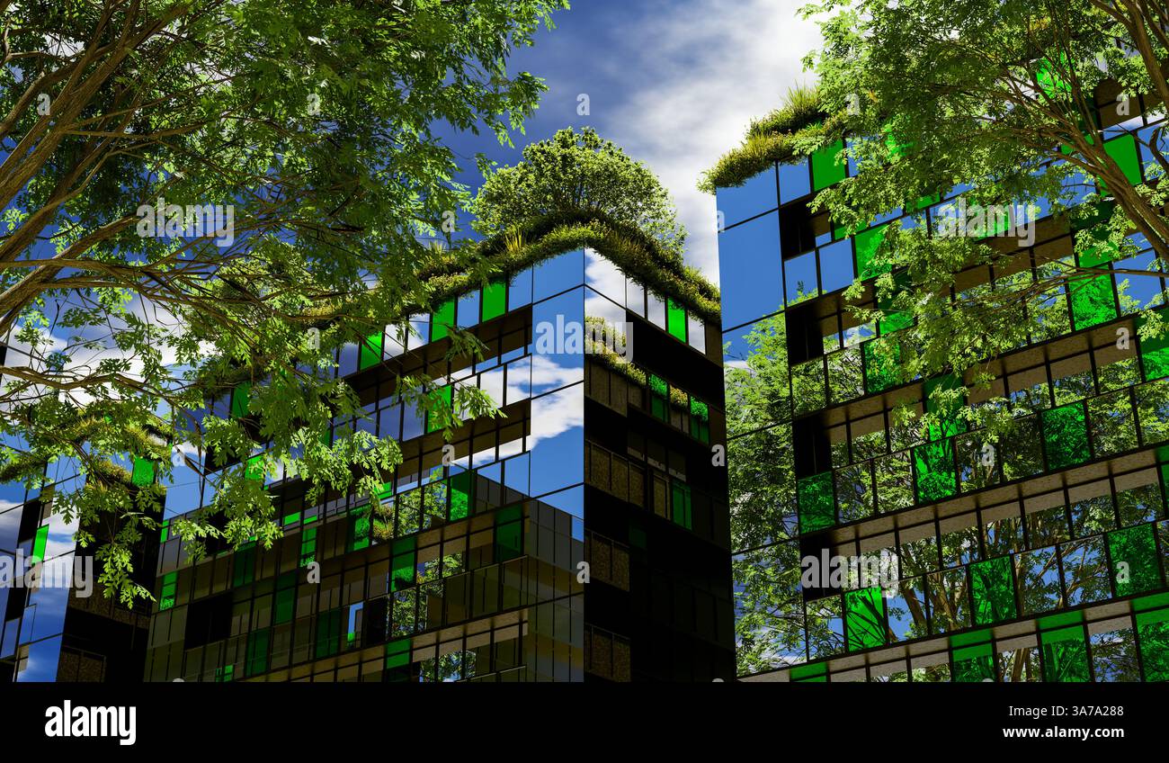 Modern Eco-Friendly Green Glass Buildings with Rooftop Gardens and ...