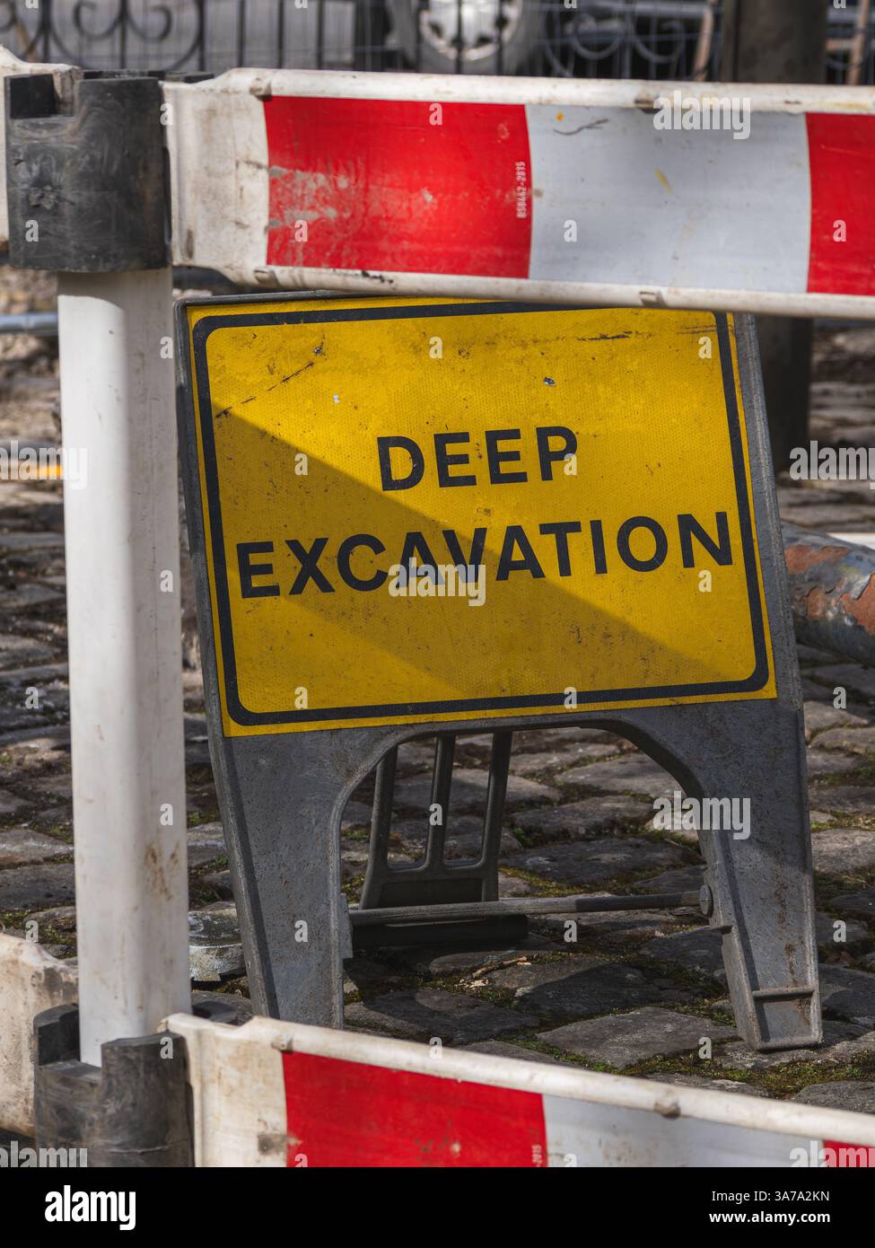 'Deep Excavation' warning sign at road works, UK Stock Photo - Alamy