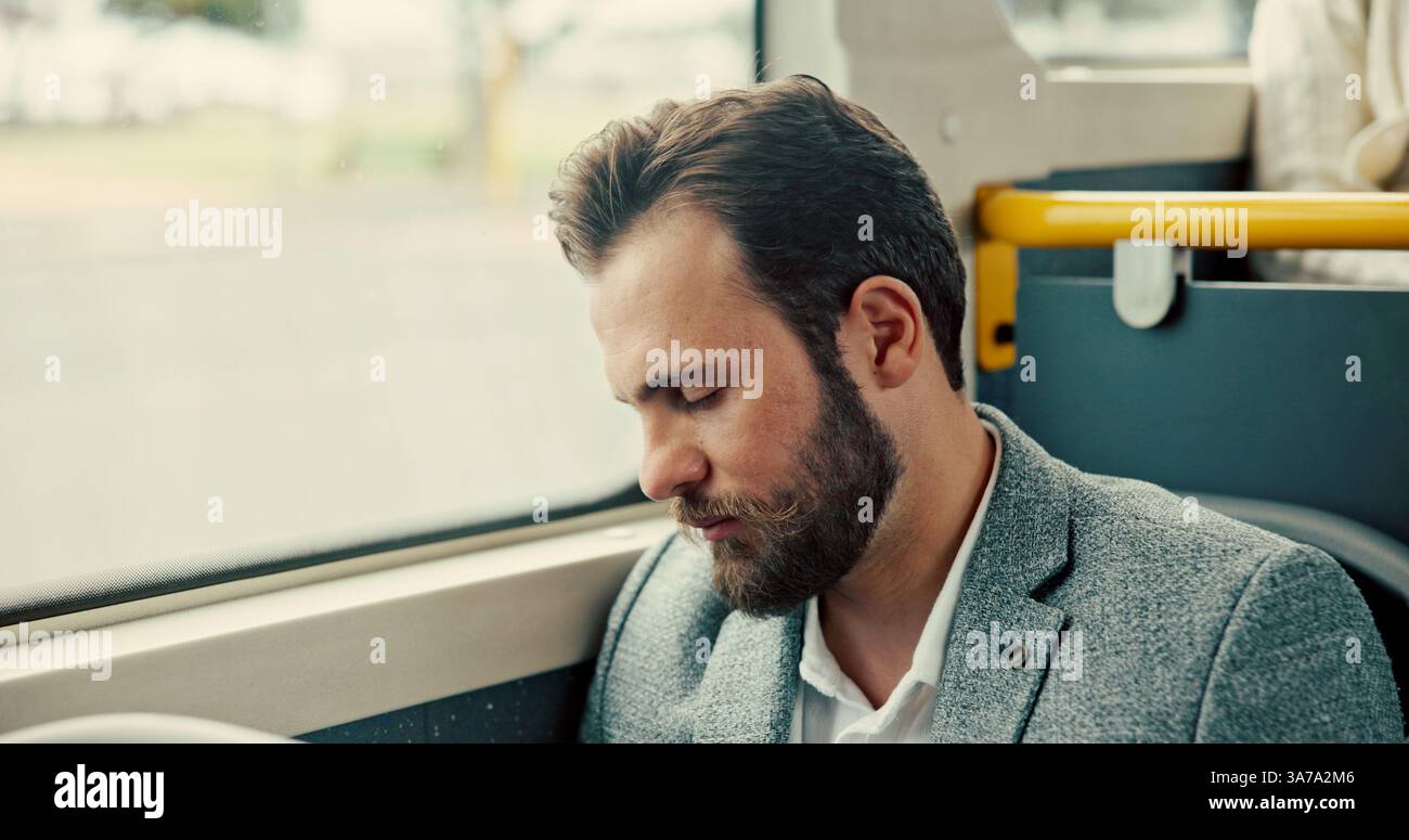 Bus, sleeping and business with man, travel and tired with public ...