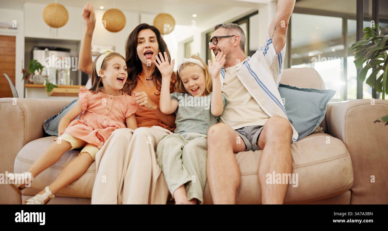 Parents, children and relax with dancing on sofa for family ...