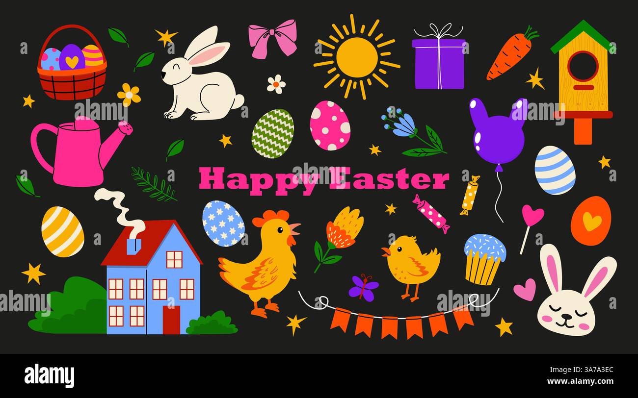Colorful Easter celebration with eggs, bunnies, and spring elements in ...