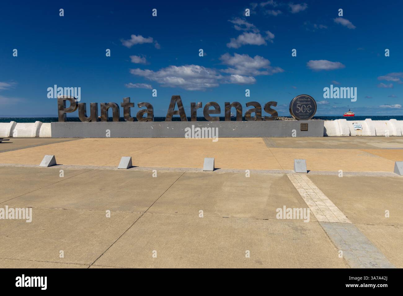 Ships in Punta Arenas. Big modern cruise liner in the sea seen from the ...