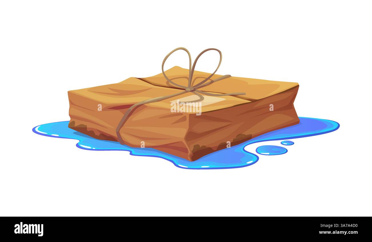 Damaged and ripped cargo cardboard box. Destroyed crumpled cardboard paper box, broken wet ...