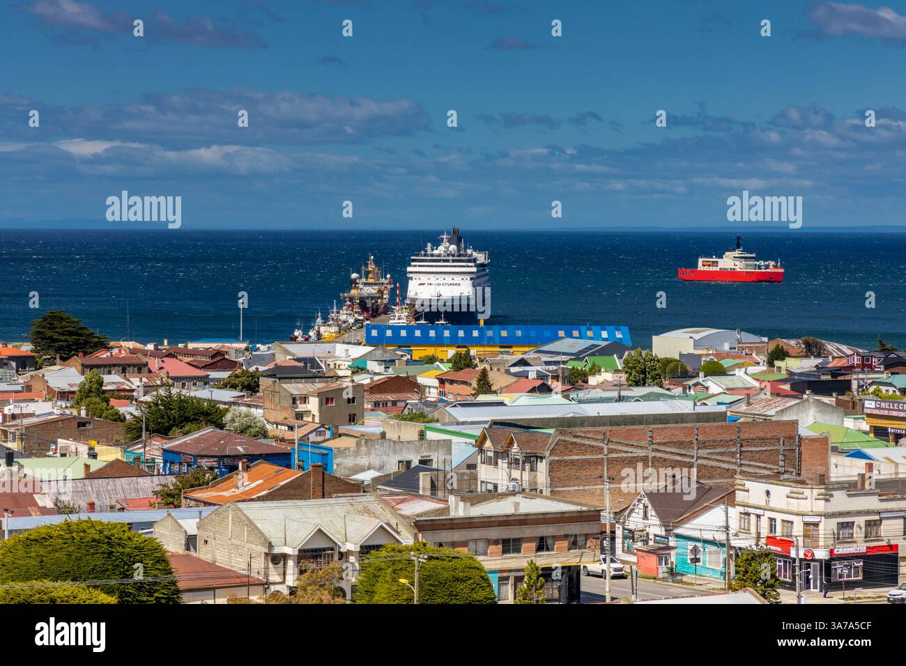 Ships in Punta Arenas. Big modern cruise liner in the sea seen from the ...