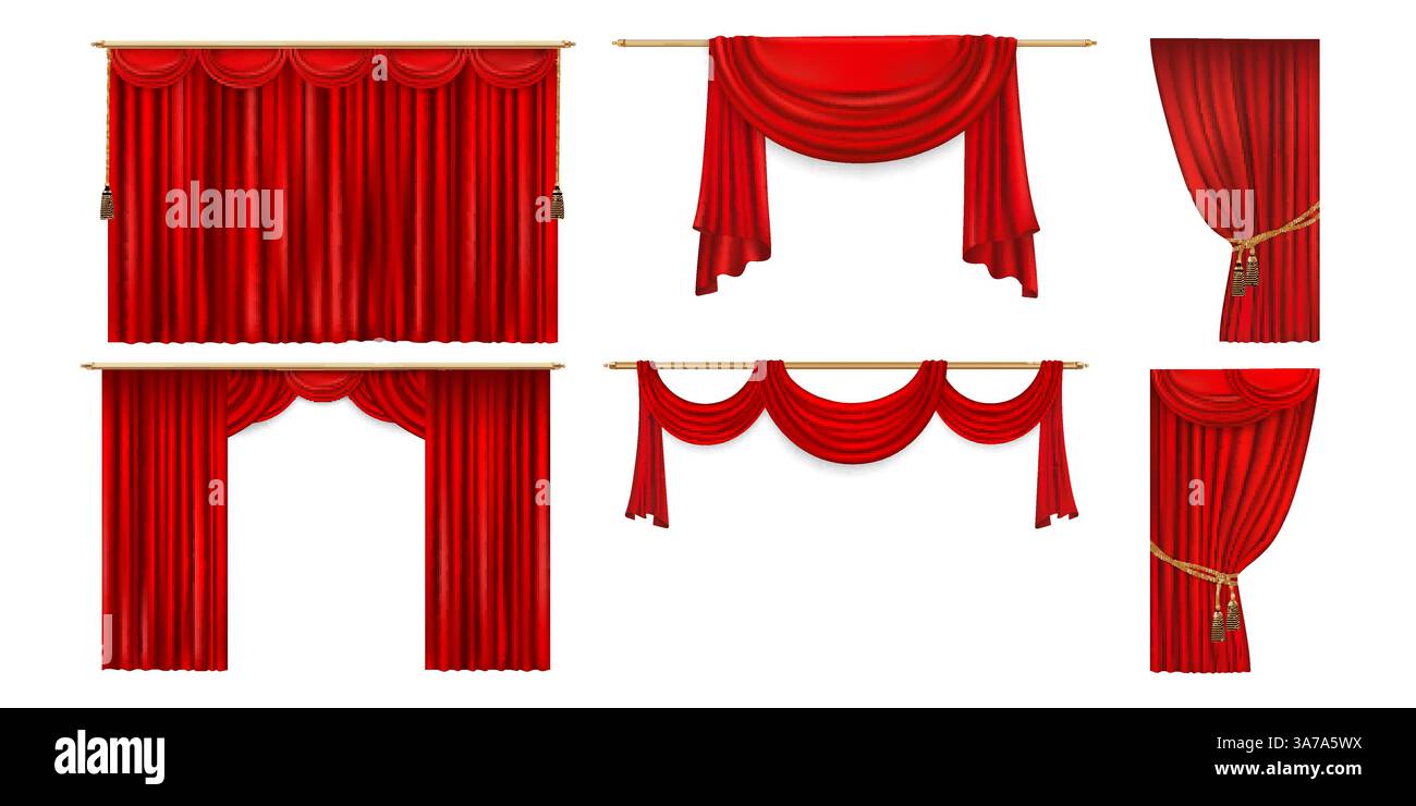 Theater stage red curtains. Realistic 3d vector set of luxurious closed ...