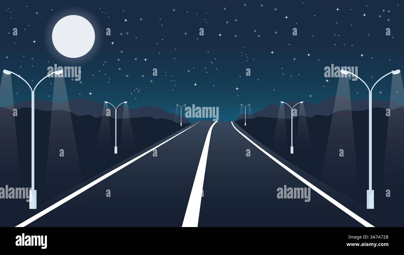 Empty Road at Starry Moonlit Night Flat Vector Illustration Stock ...