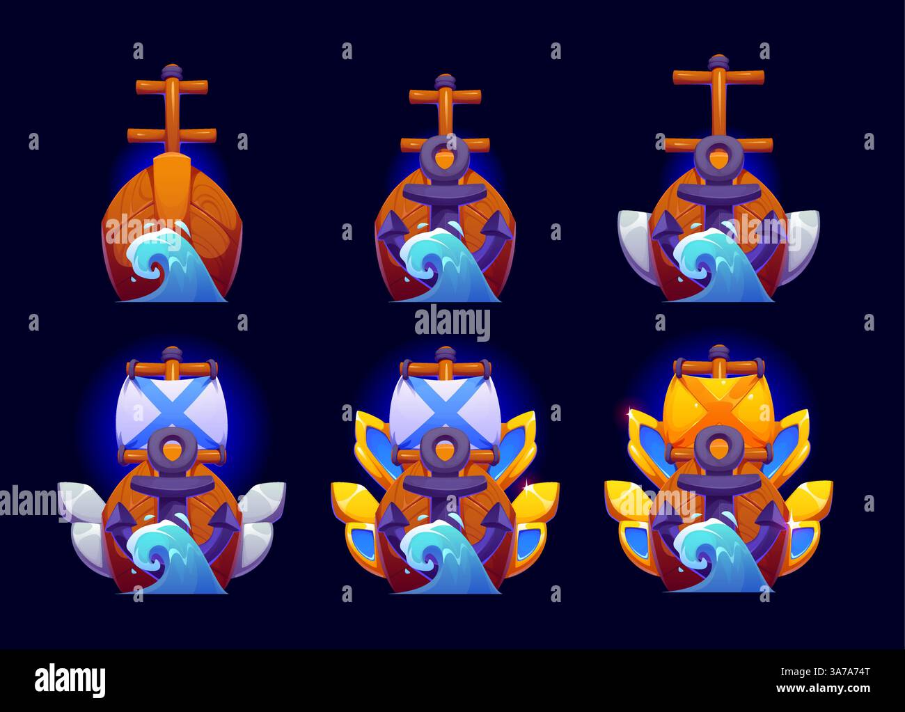 Nautical marine game rank badge, naval level medal progression icons ...