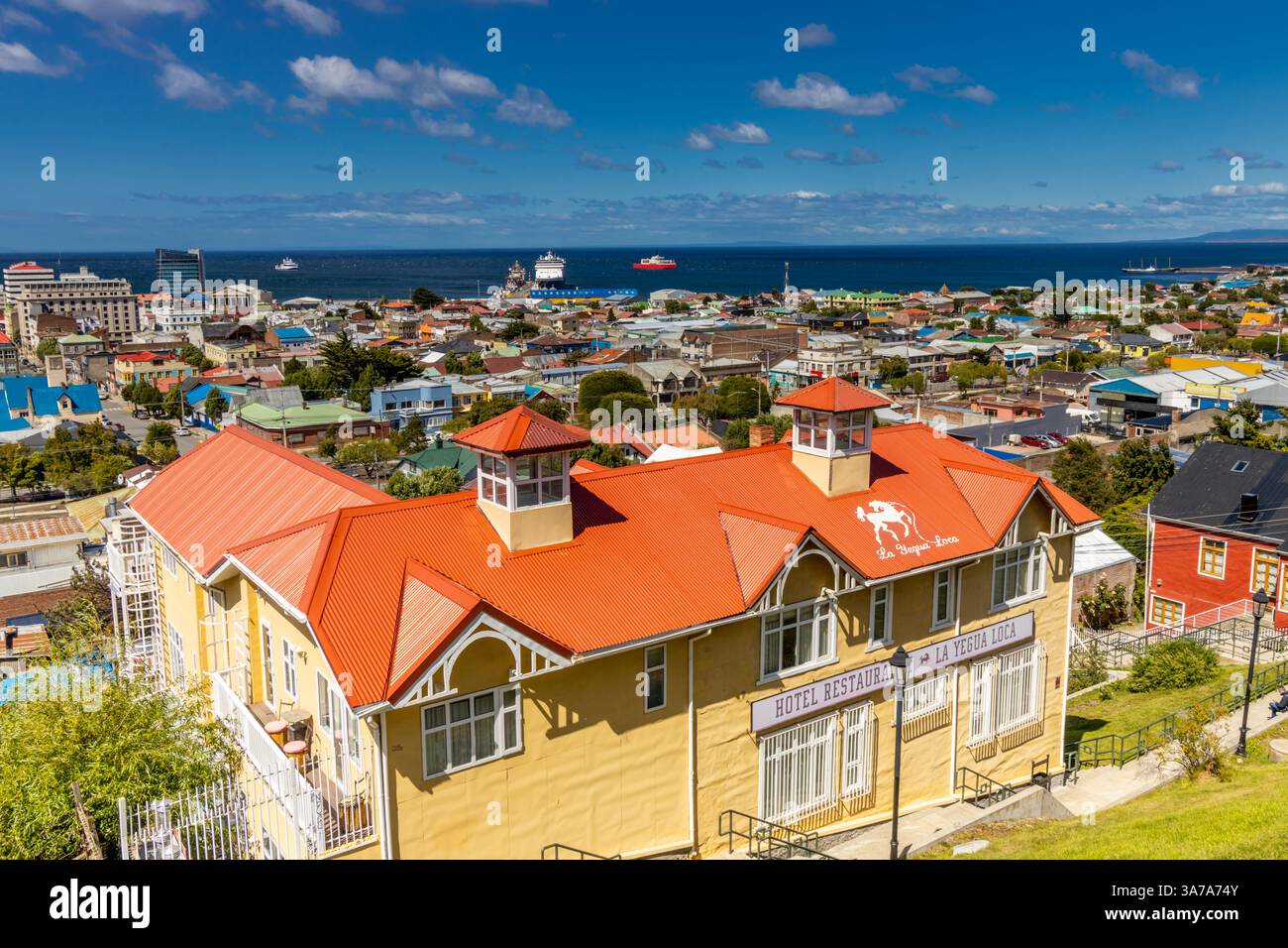 Ships in Punta Arenas. Big modern cruise liner in the sea seen from the ...