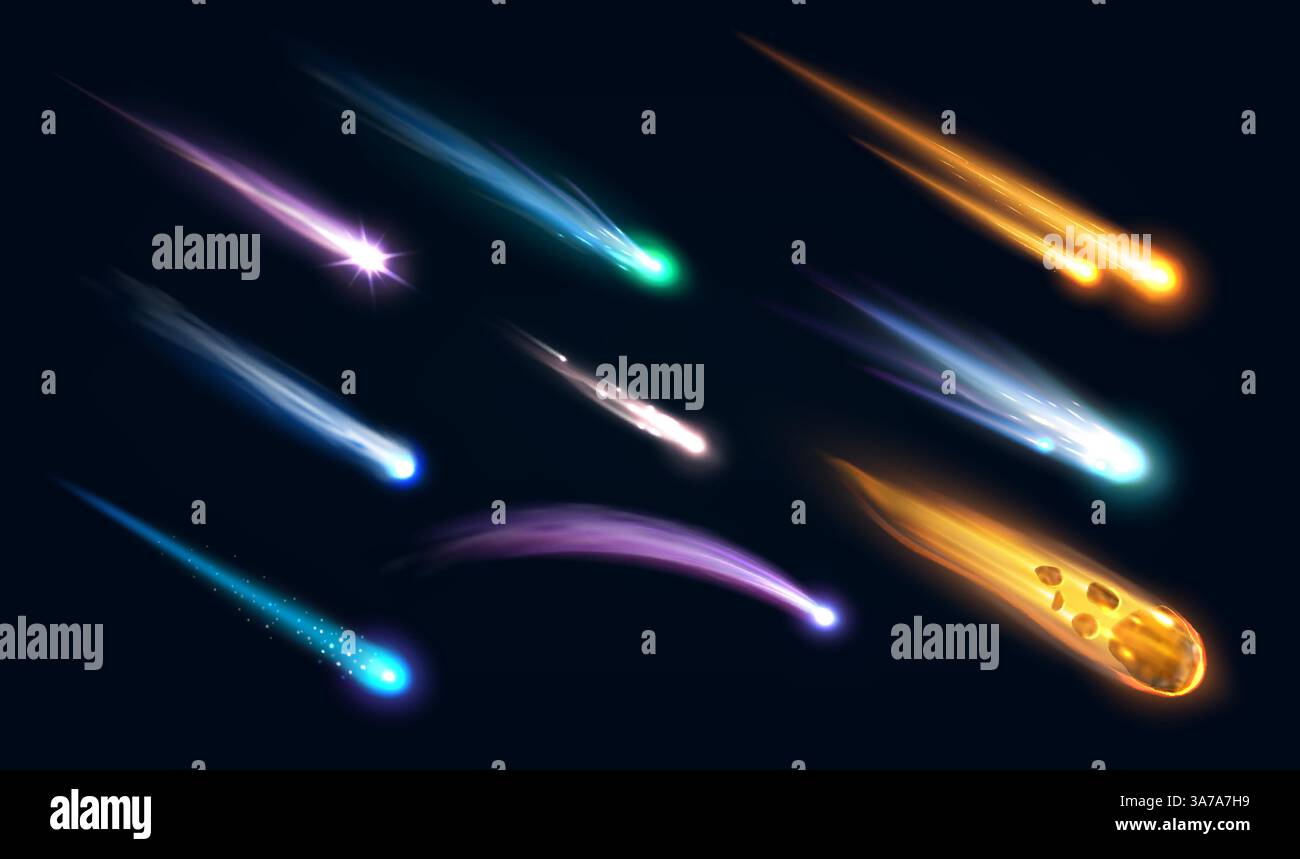 Realistic galaxy space meteors, comets and asteroids with flame trails. 3d vector falling fiery ...