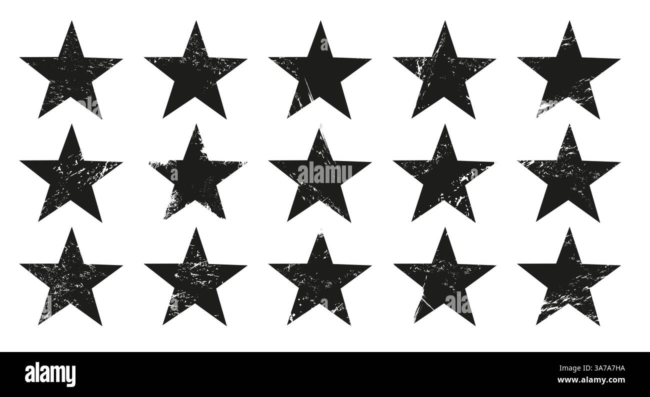Grunge stars, vector set of black five pointed stars with a distressed ...