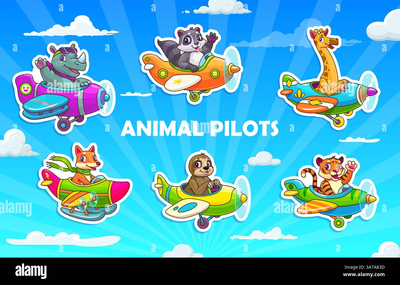 Cartoon animal pilots on planes, stickers pack of funny zoo aviators, vector set. Animal ...