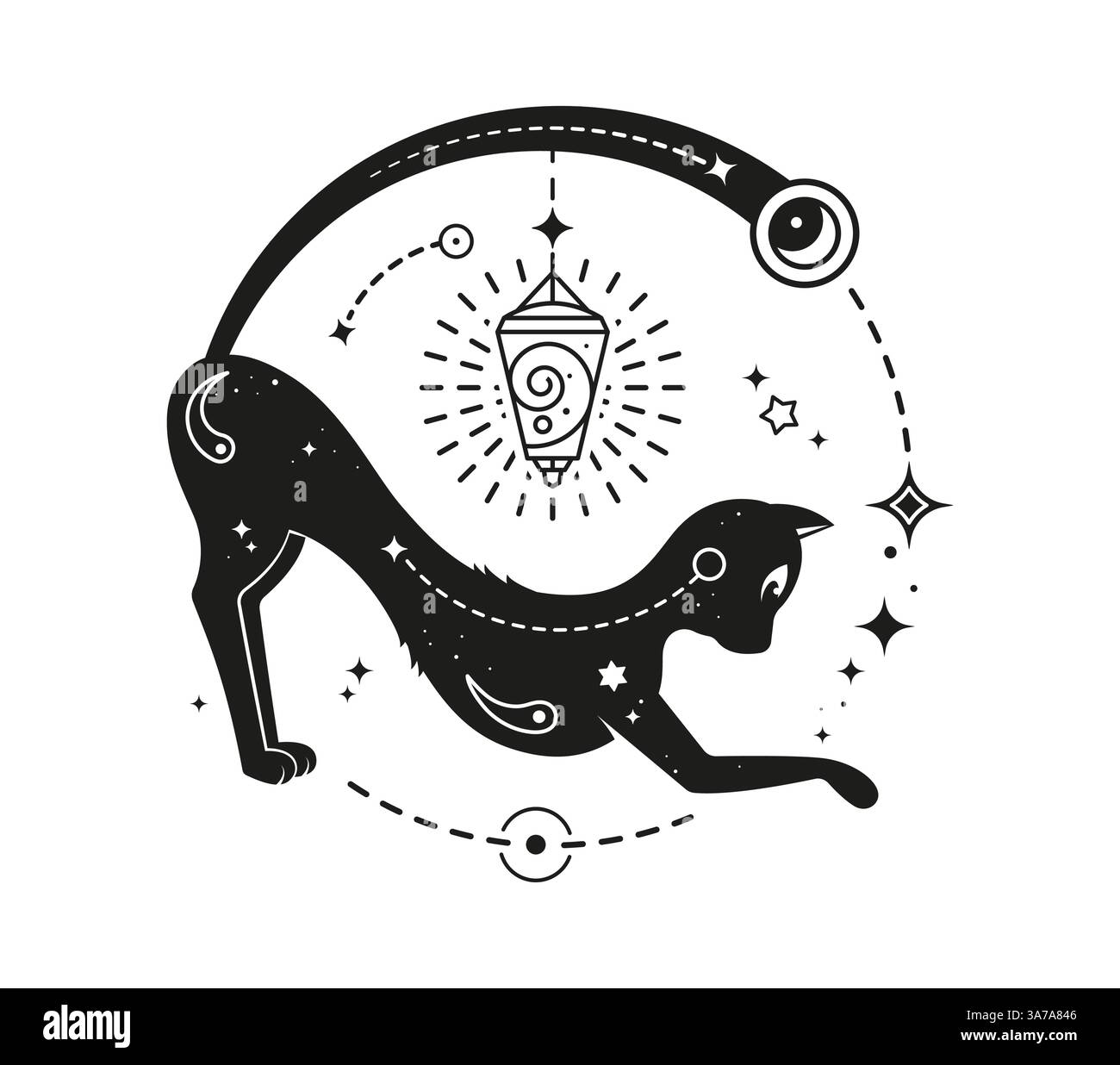 Black magic cat with cosmic patterns, celestial symbols and an ornate lantern. Vector mystical ...