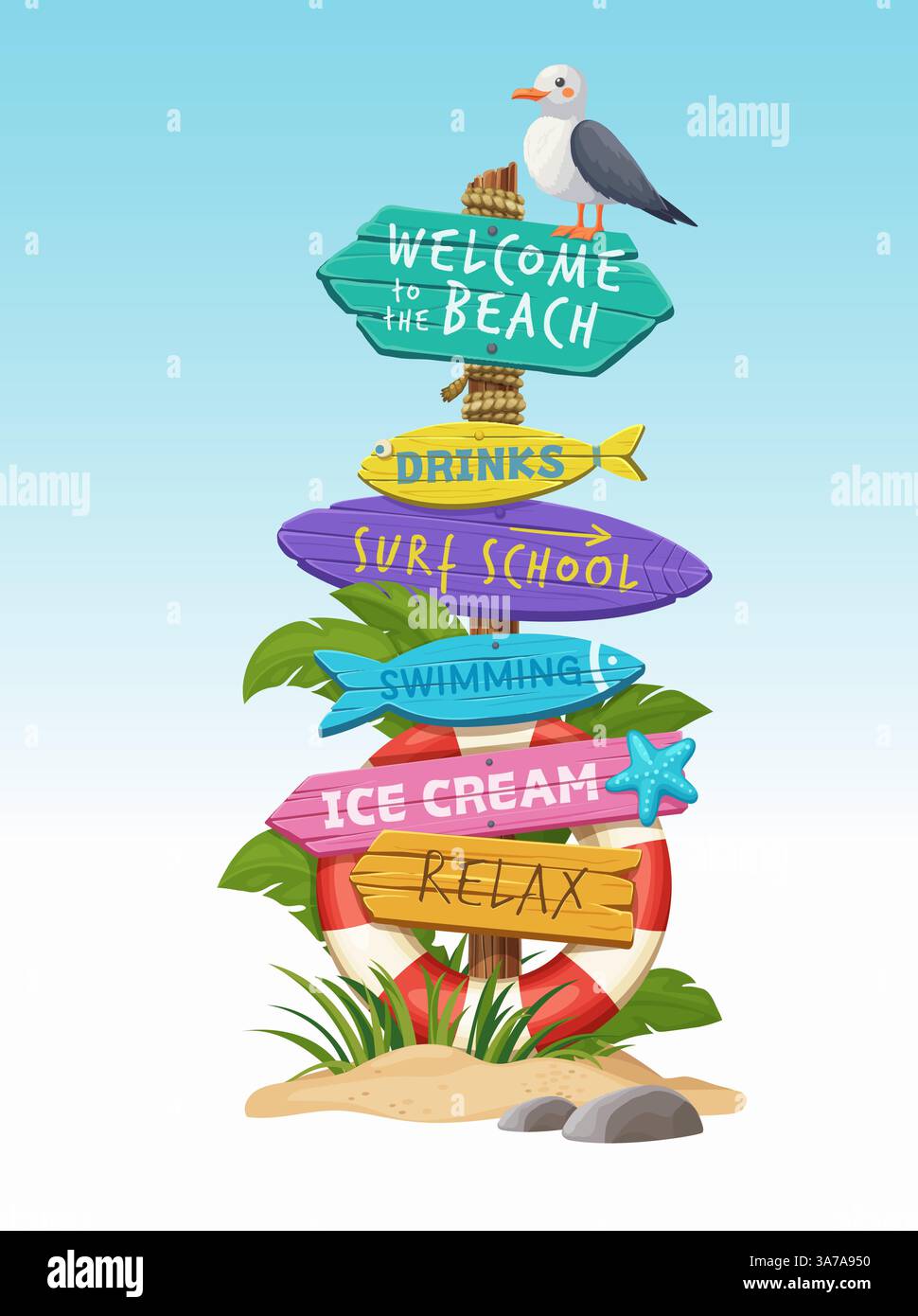 Summer beach wooden sign board or travel vacations signage with ...