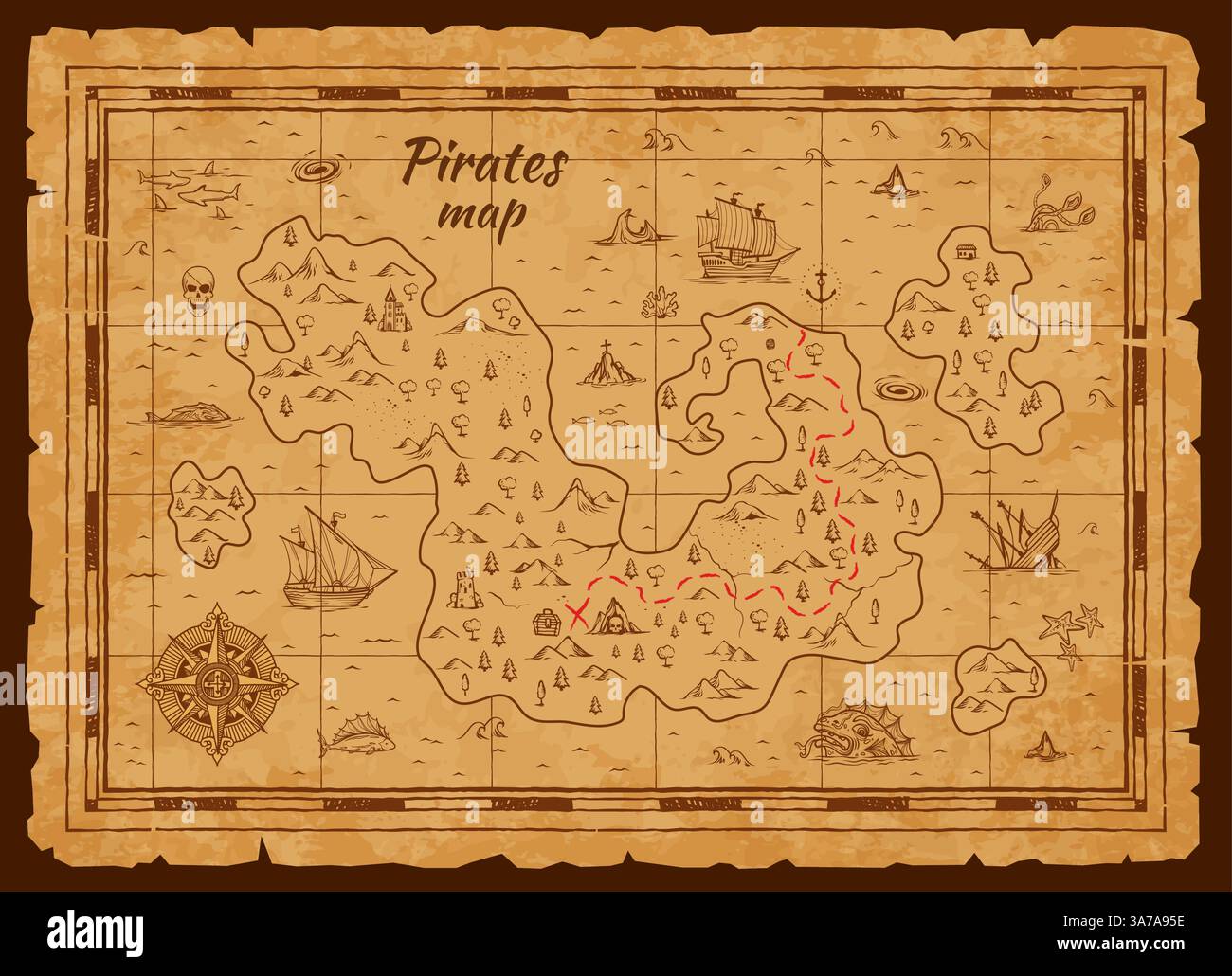 Old pirate treasure map. Vector vintage worn parchment with ships ...