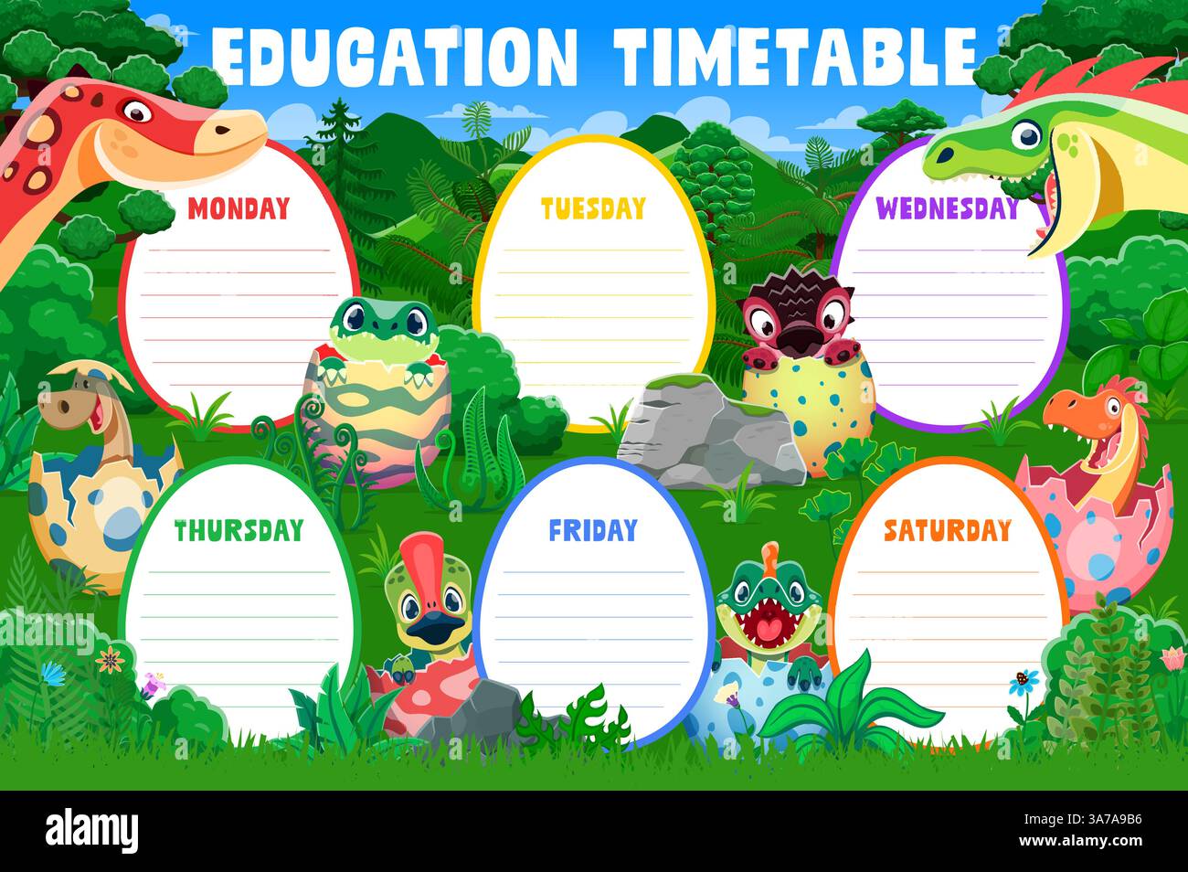 Education timetable schedule with dinosaurs and dino kids characters ...